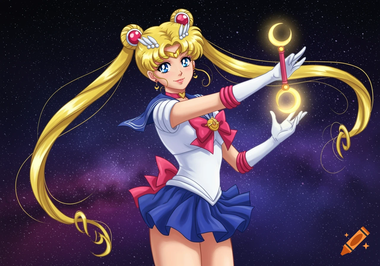 Anime character Sailor Moon in her uniform holding a glowing crescent ...