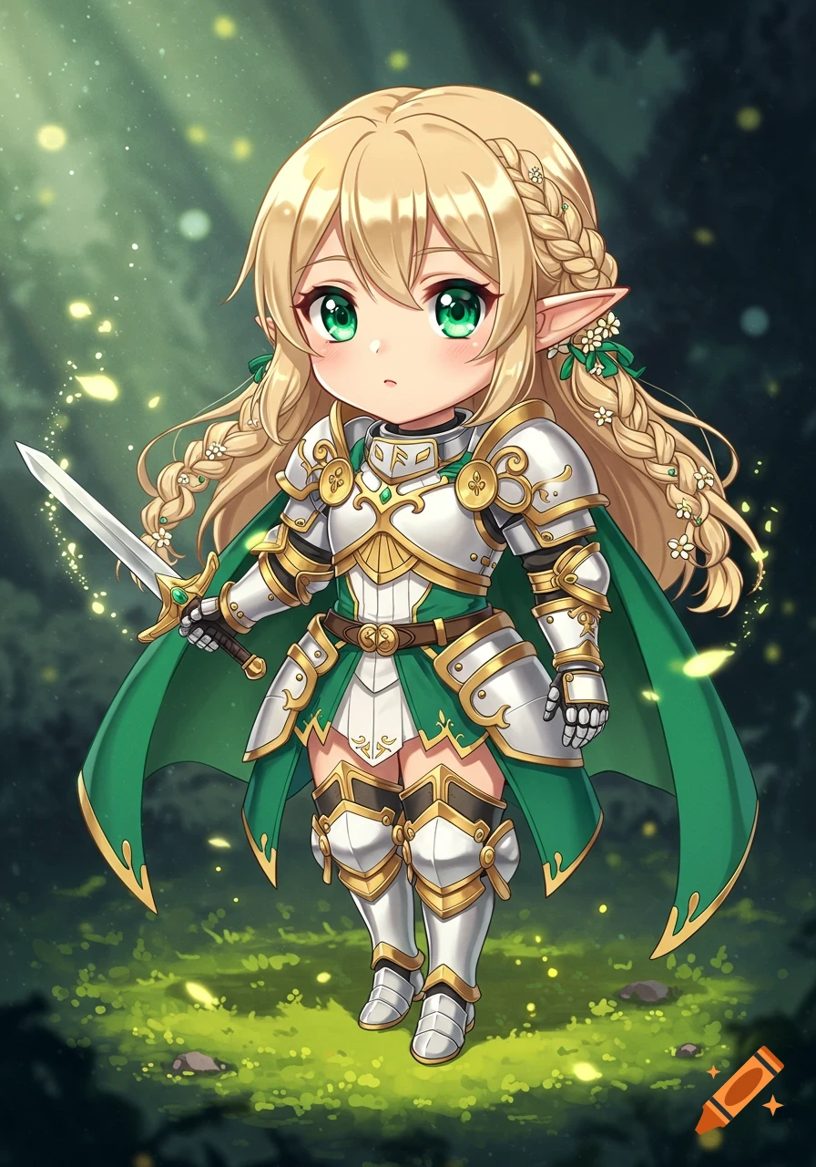 A cute anime chibi elf girl knight in green and gold armor holding a ...
