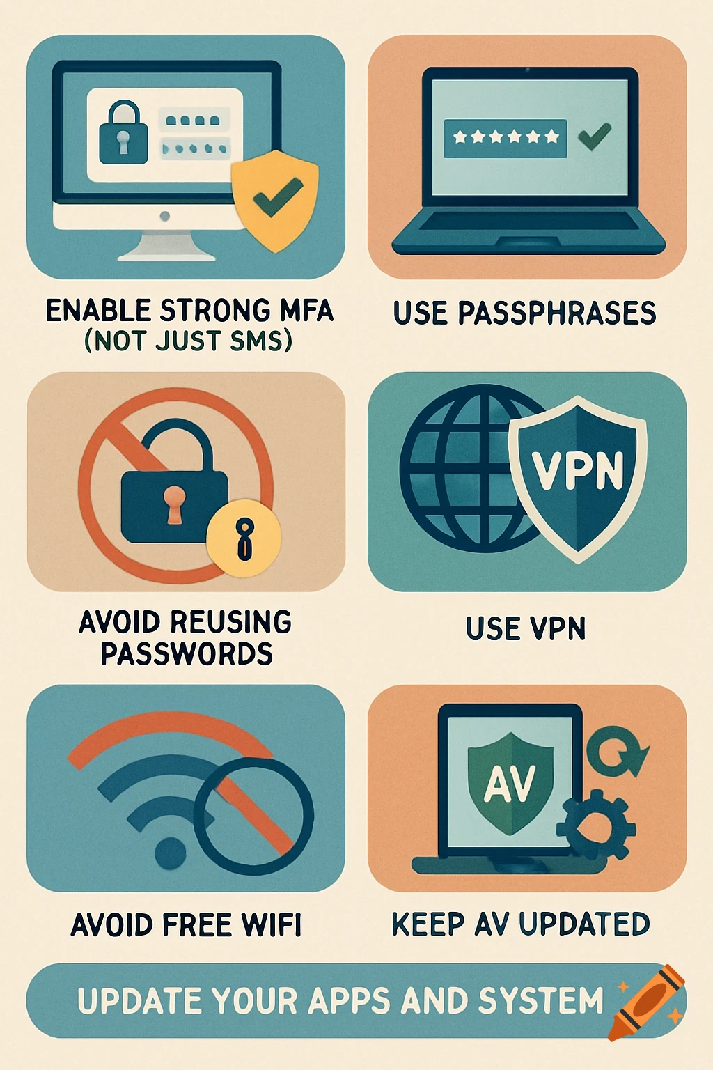 An infographic illustrating six cybersecurity tips: enable strong MFA, use passphrases, avoid ...