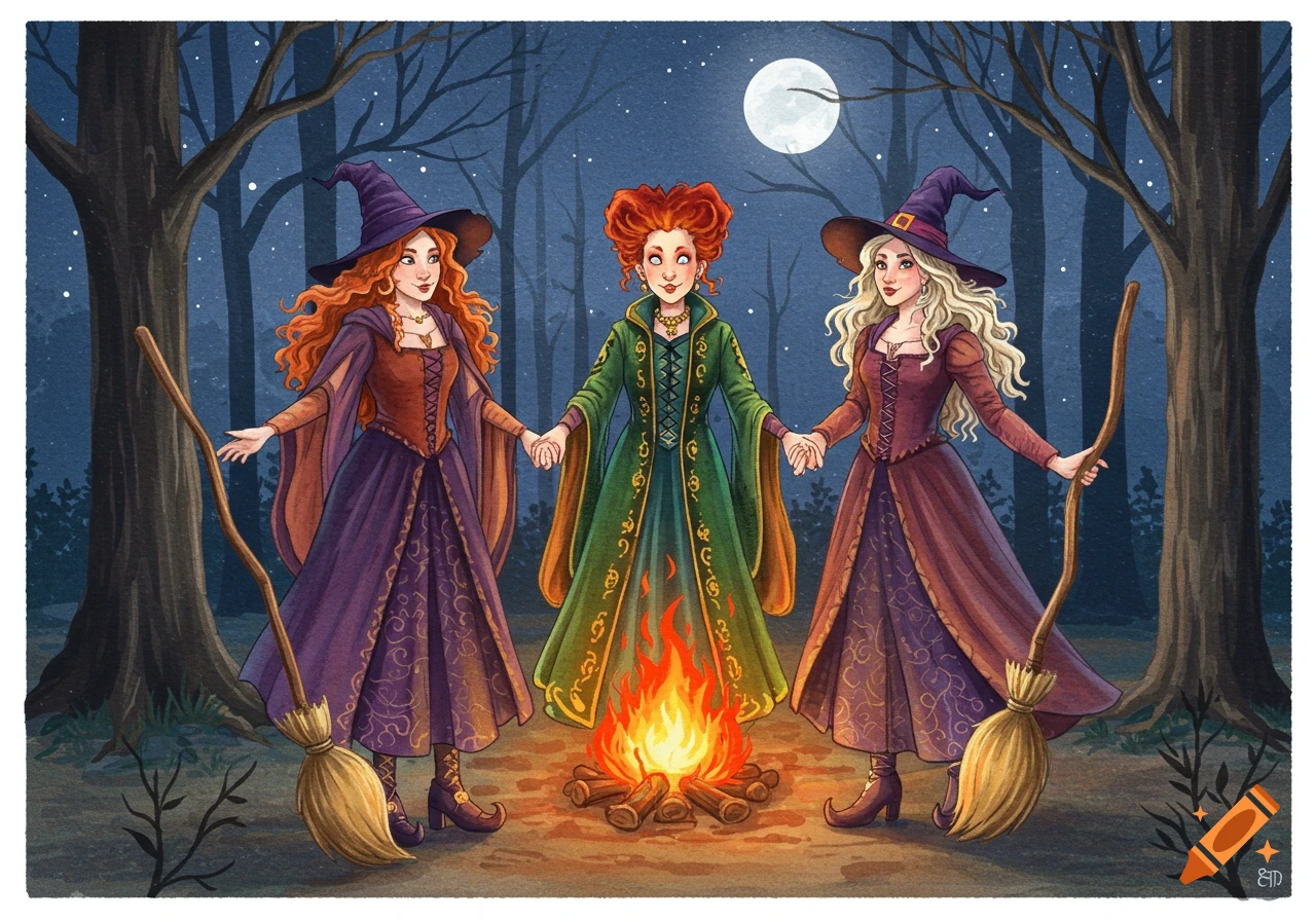 Watercolor illustration of three witches inspired by Hocus Pocus ...