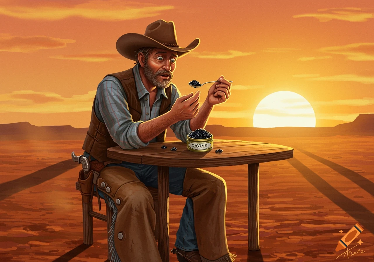 A stylized illustration of a cowboy looking surprised while eating ...