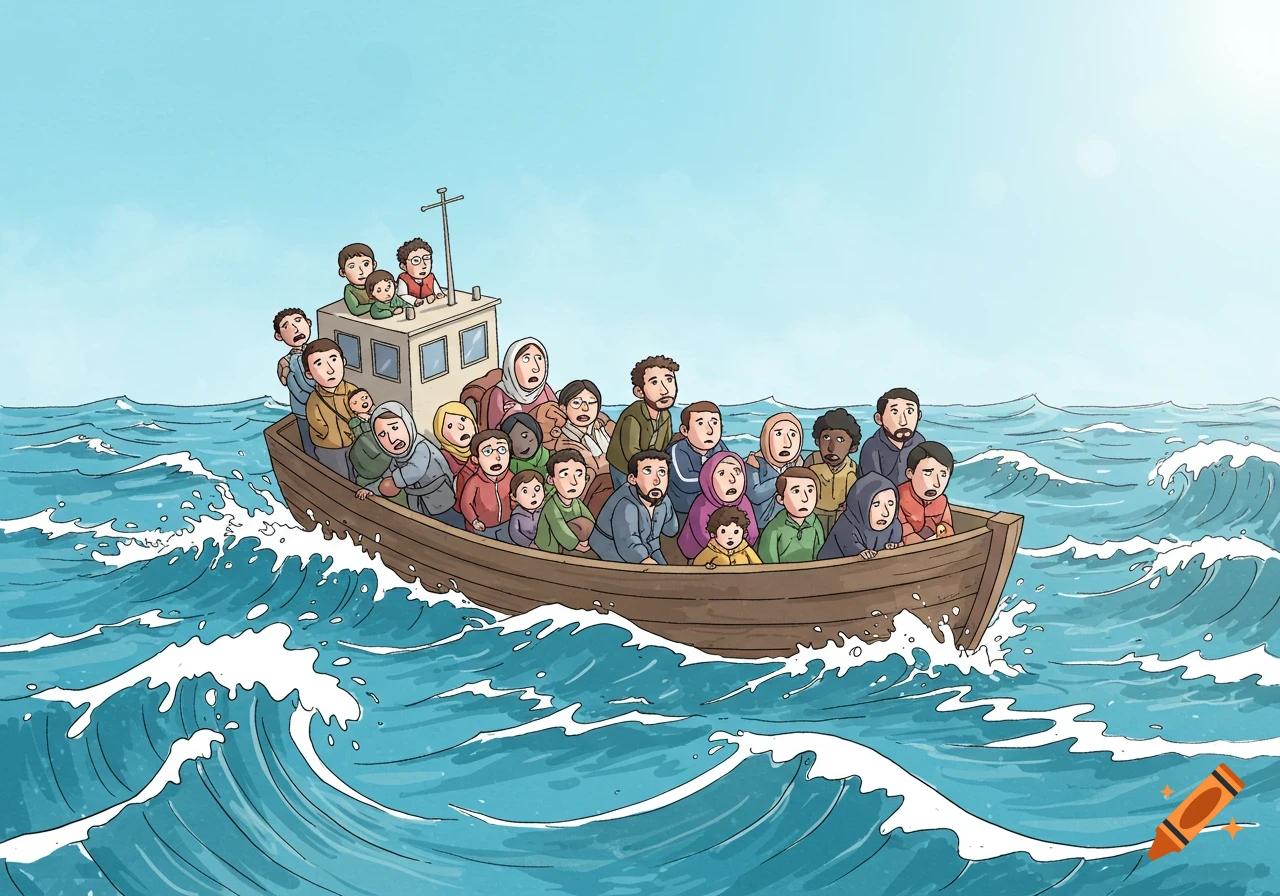 A cartoon drawing of a crowded boat carrying many people on a choppy ...