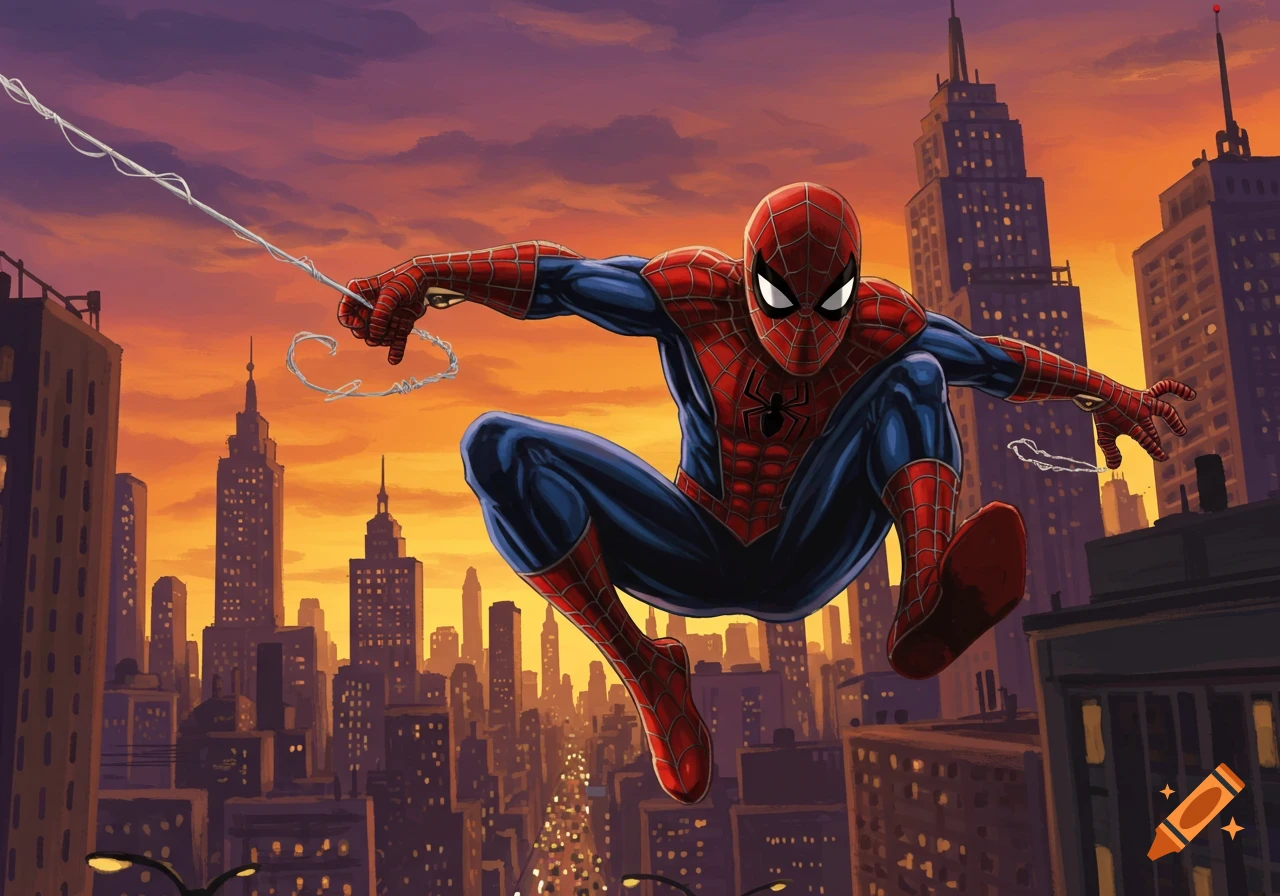 Spider-Man swings through a city skyline at sunset in a comic book ...