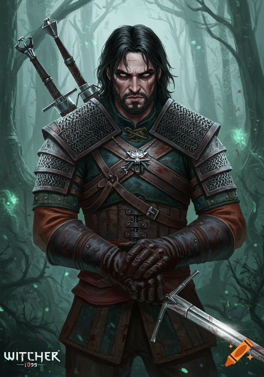 A dark-haired, bearded male witcher with glowing eyes and scars ...