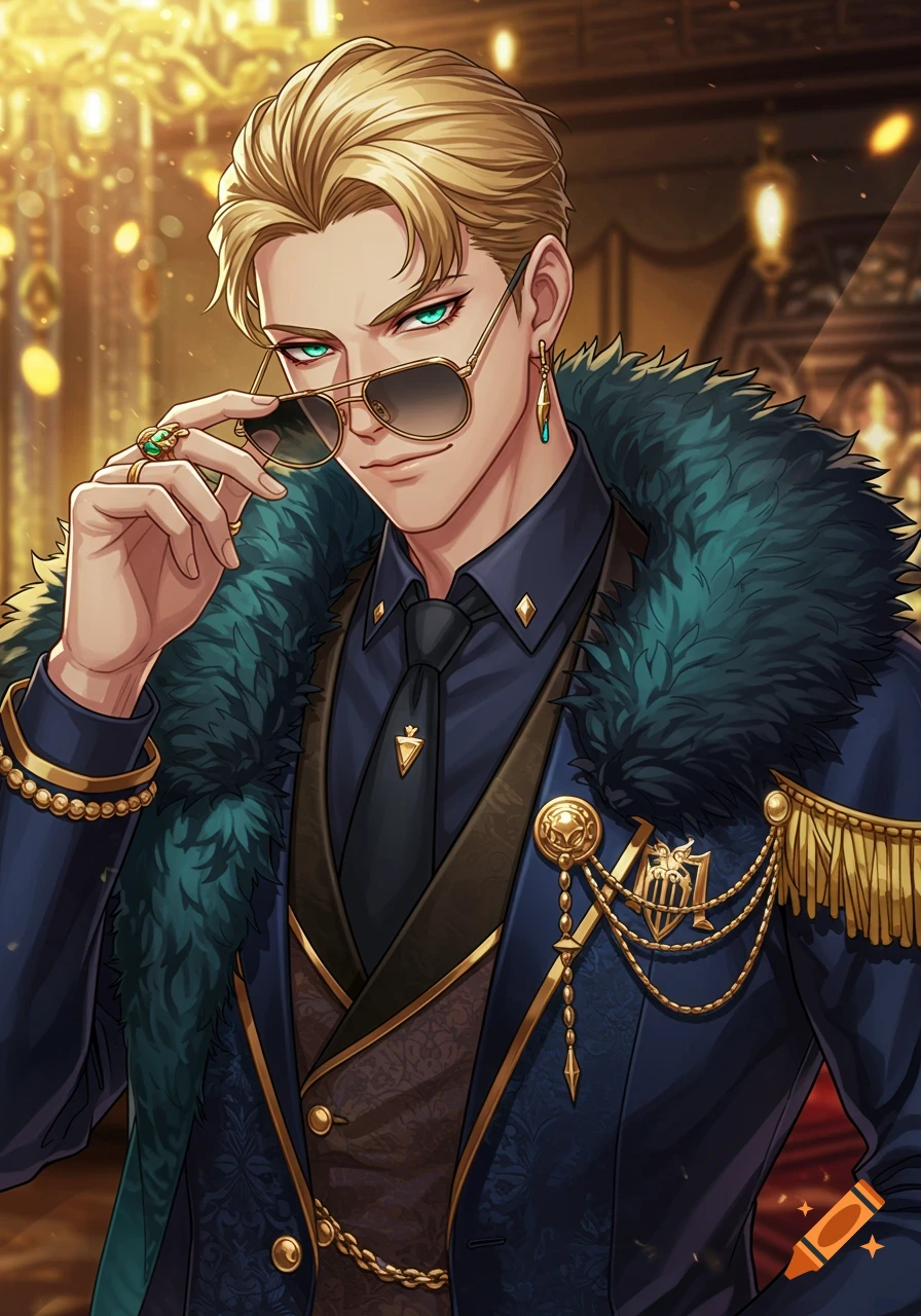 An anime illustration of a wealthy man with blonde hair, striking teal ...