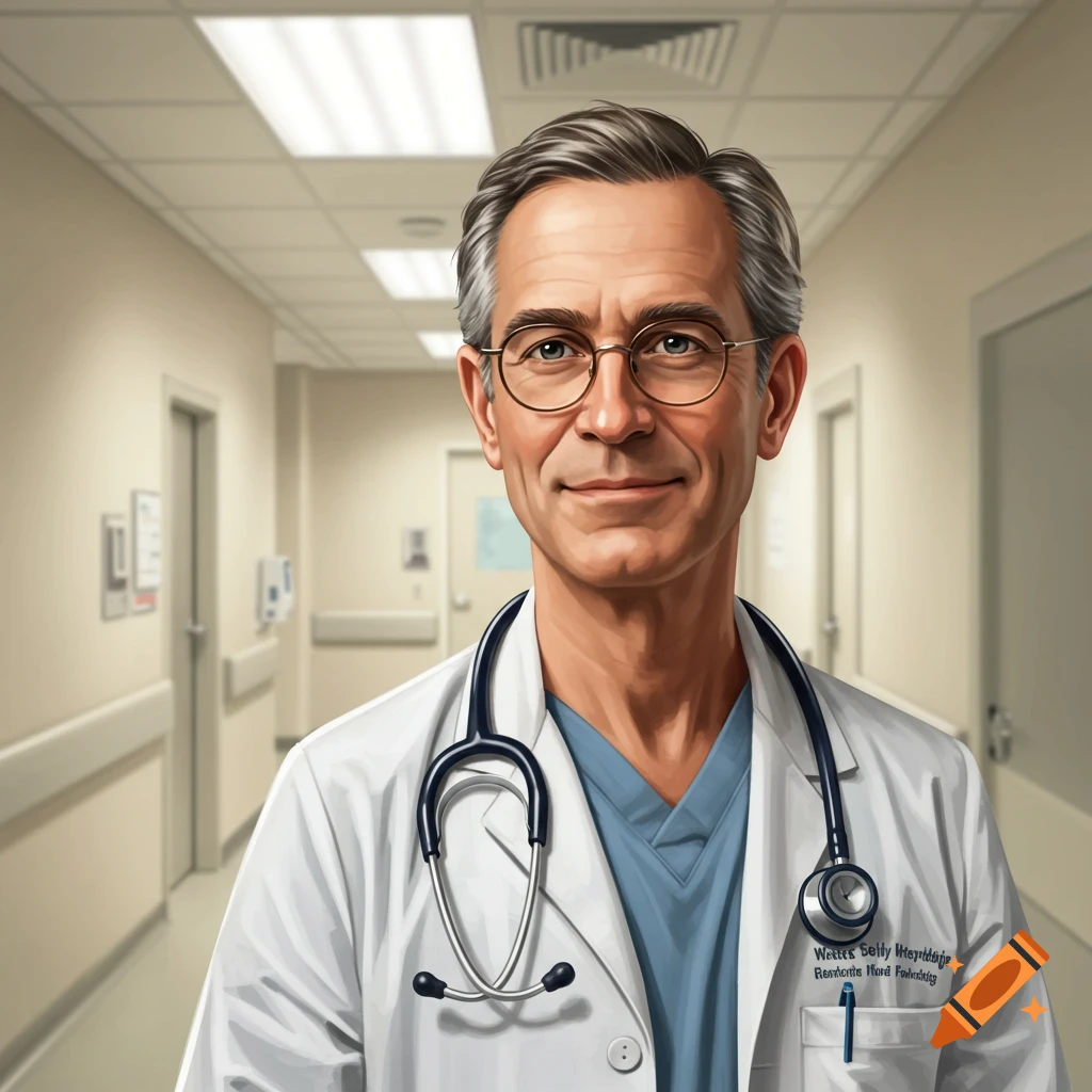 A smiling male doctor wearing a white lab coat and stethoscope stands ...