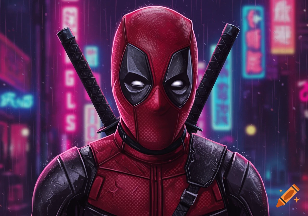 Close-up of Deadpool wearing his red and black suit, standing in a ...