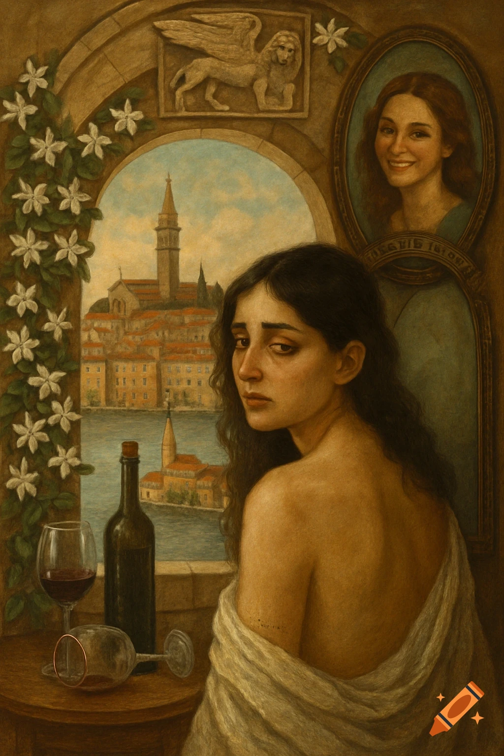 Classical painting of a pensive woman in a sheet looking back over her ...