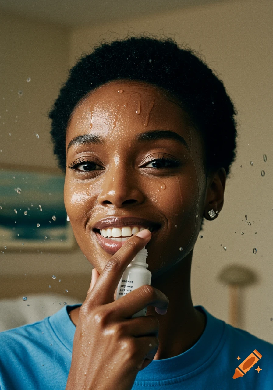 Close-up of a smiling woman with wet skin applying face serum, captured ...