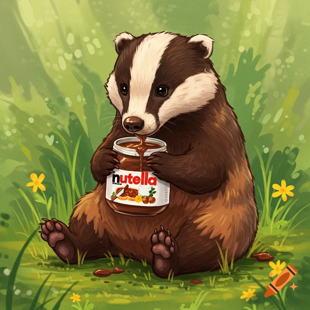 An illustration of a cute badger sitting in grass, holding and eating ...
