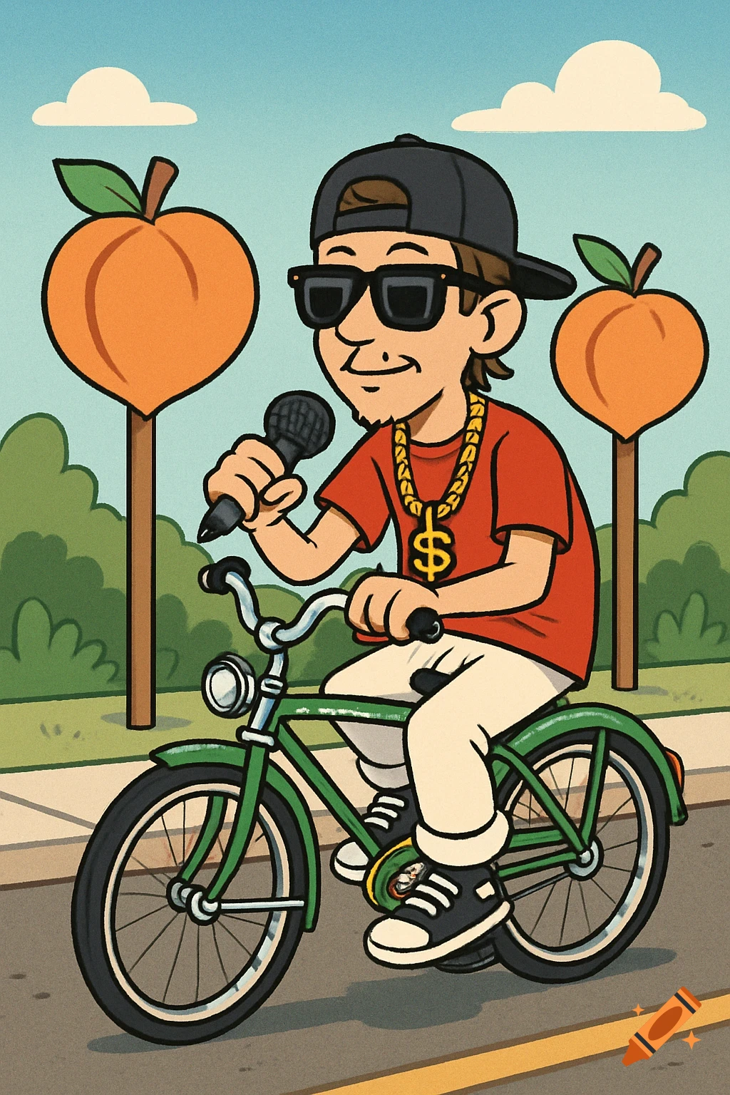 Cartoon rapper on a bicycle, wearing shades and holding a microphone ...