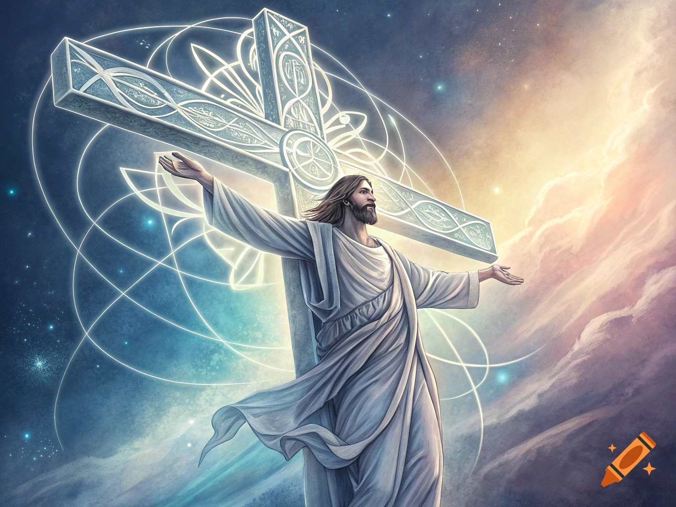 Jesus in white robes with outstretched arms stands before a glowing ...