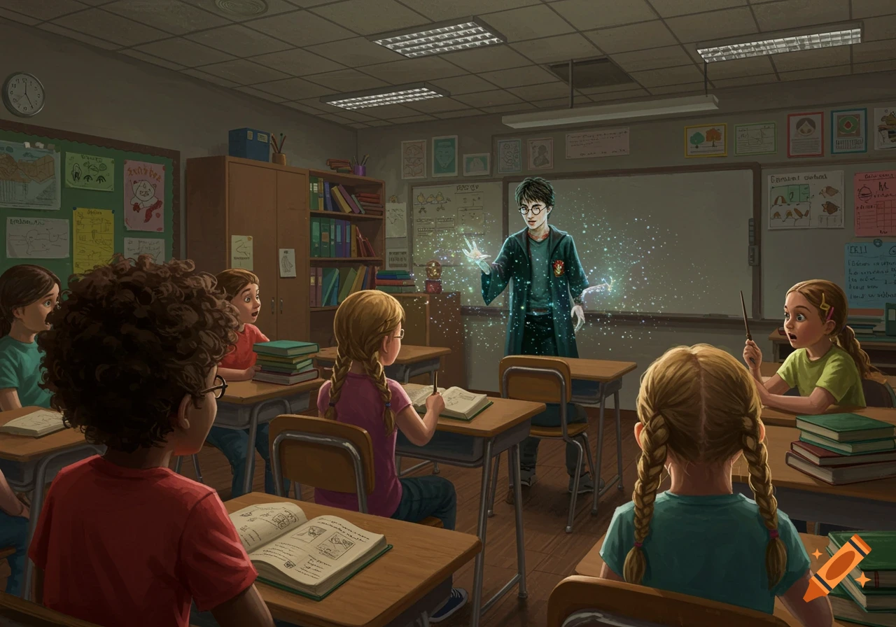 Harry Potter performs magic in a classroom, captivating a group of elementary school students ...