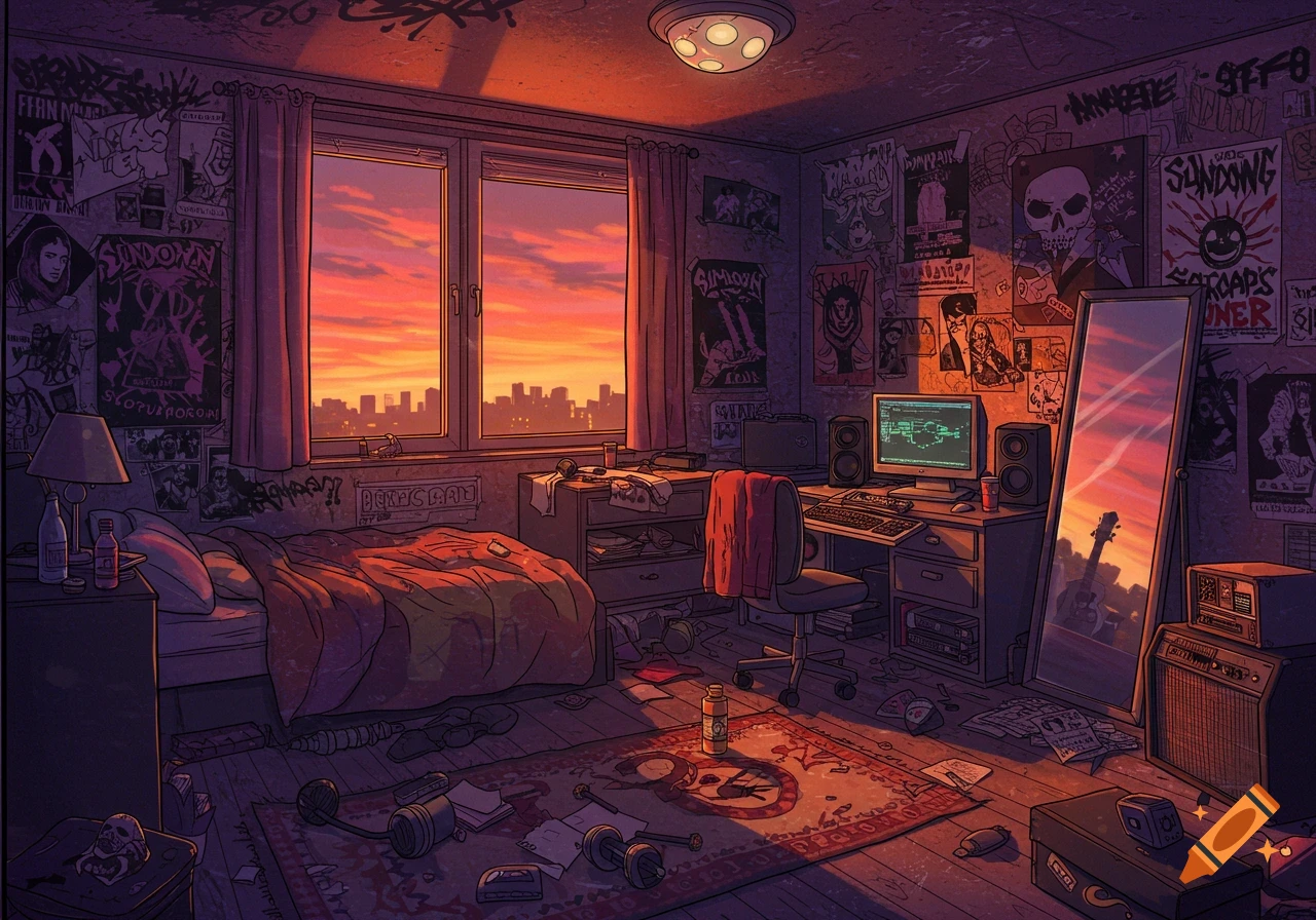 A messy, anime-style bedroom at sunset, with posters covering the walls ...