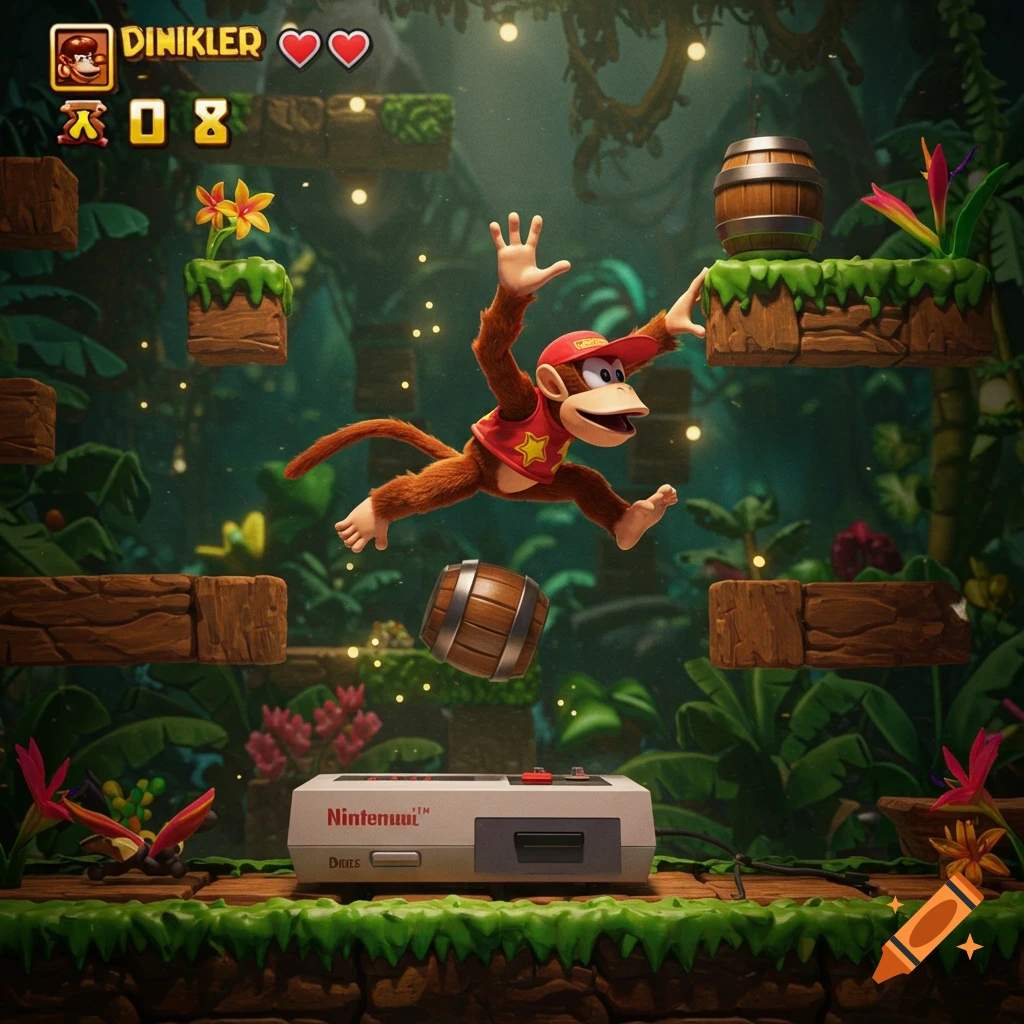 Diddy Kong jumps above a Nintendo console and a barrel in a vibrant ...