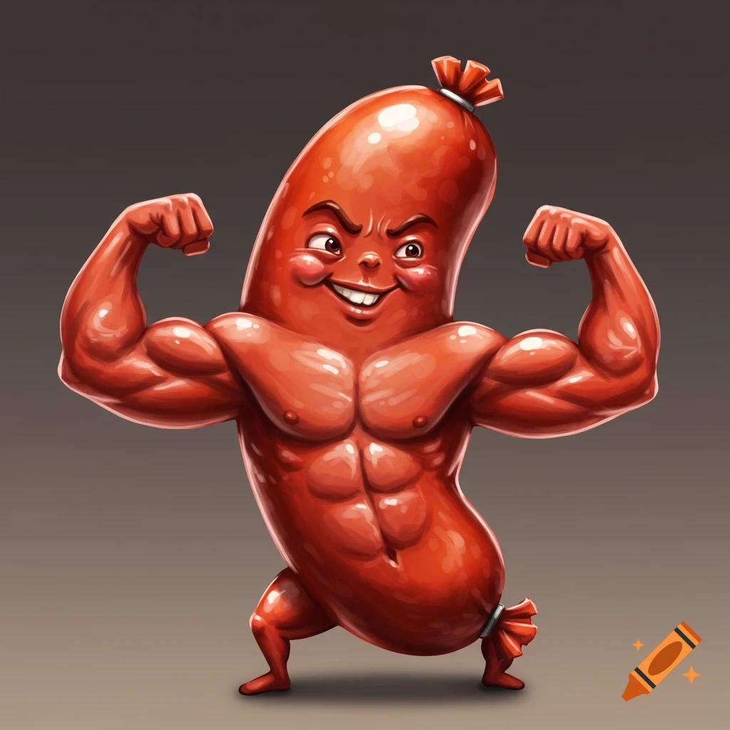 A muscular, cartoon sausage character flexing its biceps. on Craiyon
