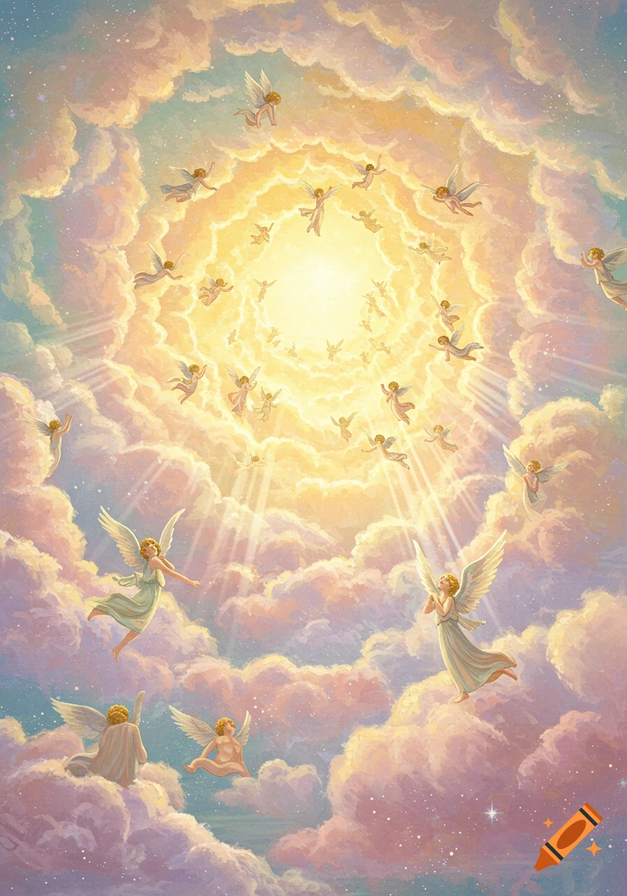 Numerous angels and cherubs fly through a bright, sunlit cloud tunnel in a celestial ...