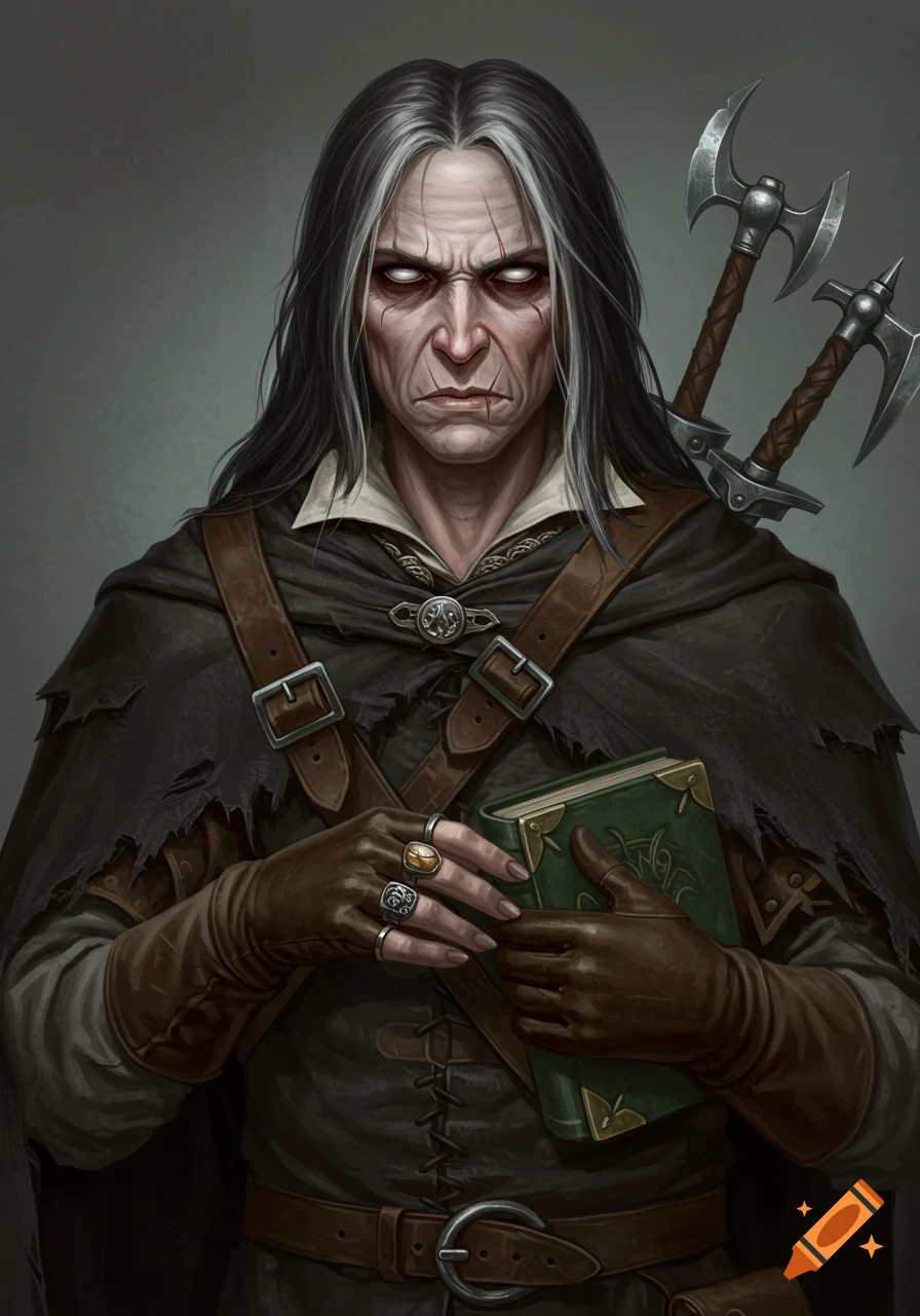 Portrait of a gaunt, pale fantasy character with glowing eyes, long ...