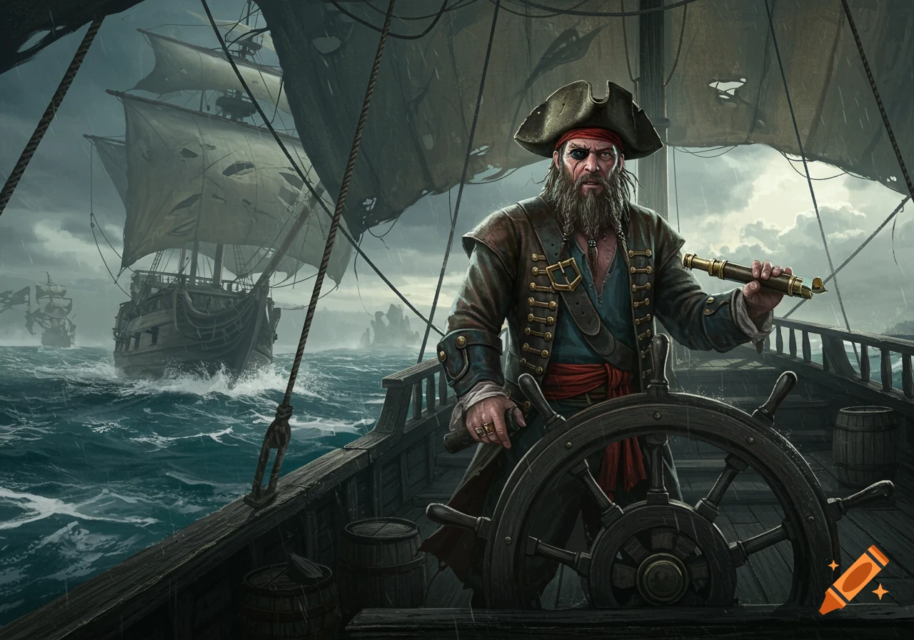 A grizzled pirate captain with an eyepatch steers his ship in a stormy ...