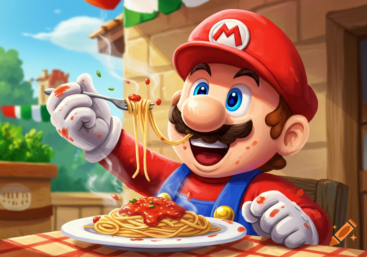 Mario happily eats a large plate of spaghetti with sauce and a fork at ...