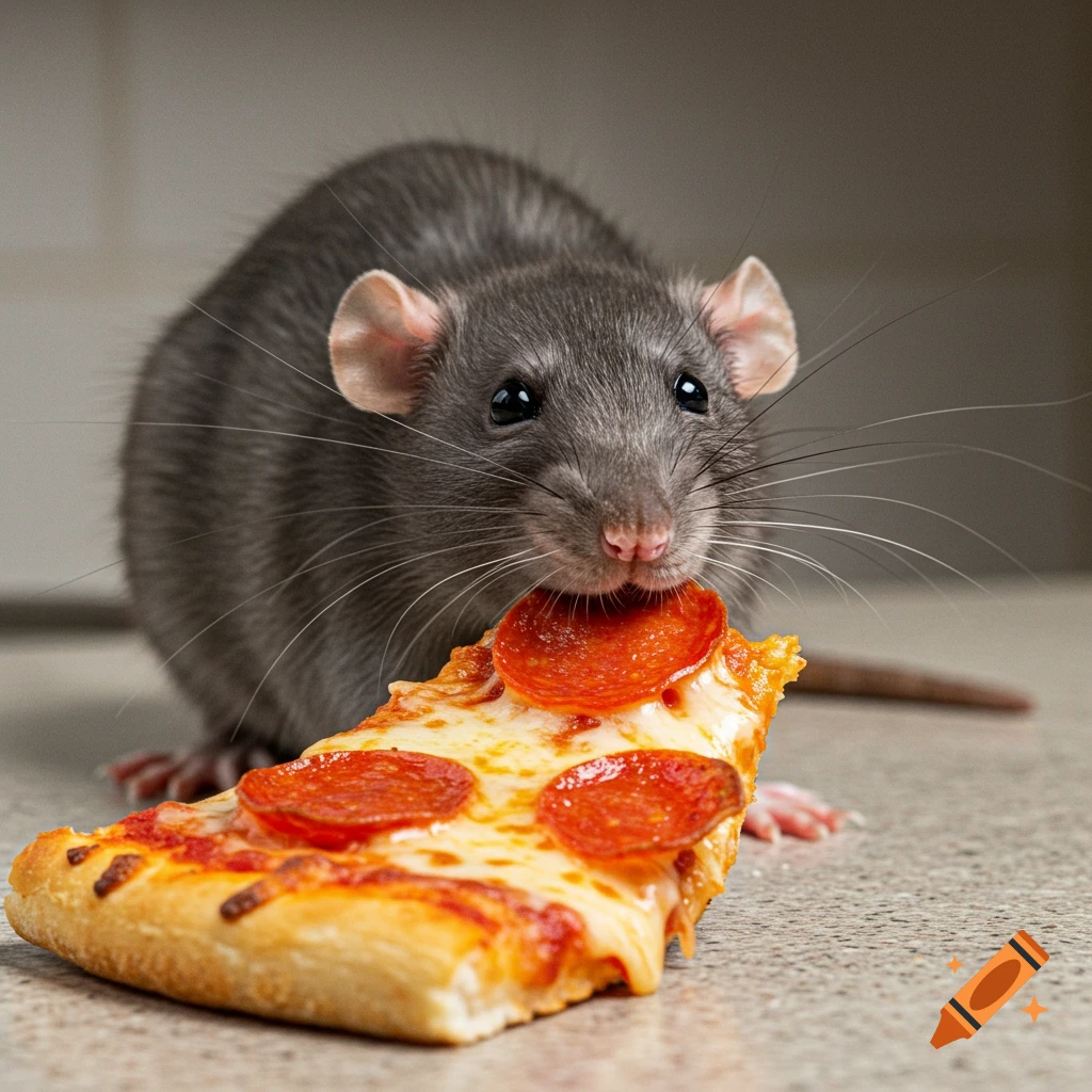 A photorealistic image of a grey rat holding a slice of pepperoni pizza in its mouth. on Craiyon