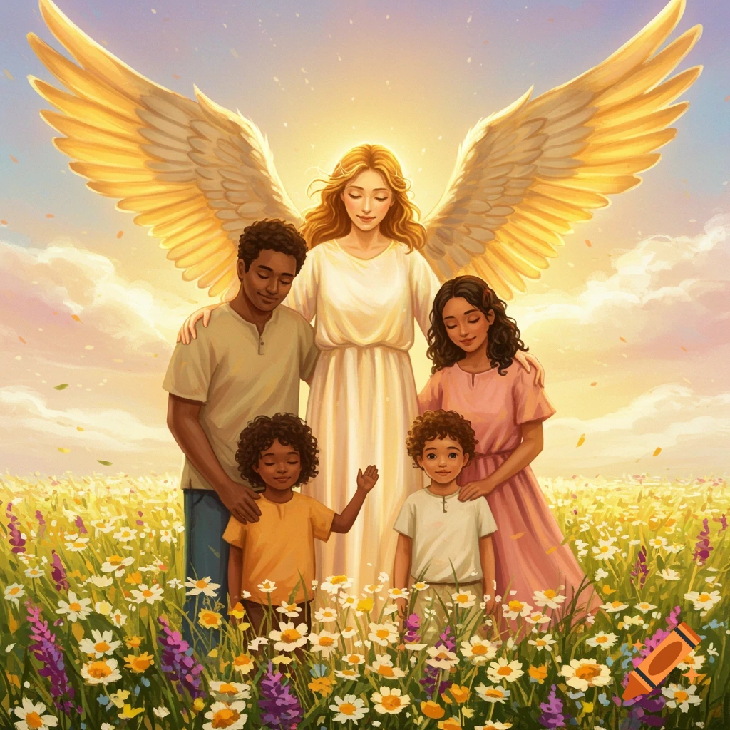 An angelic figure with golden wings stands with a diverse family in a ...
