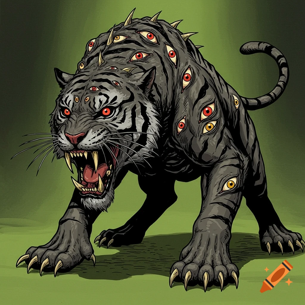 A monstrous gray tiger with stripes, covered in numerous red and yellow ...