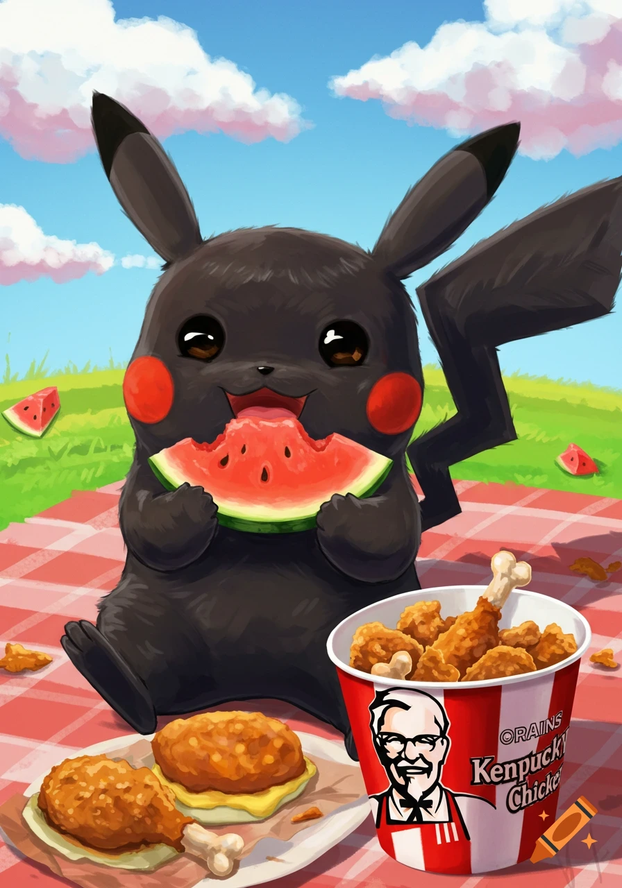 A black Pikachu cartoon illustration sitting on a picnic blanket ...