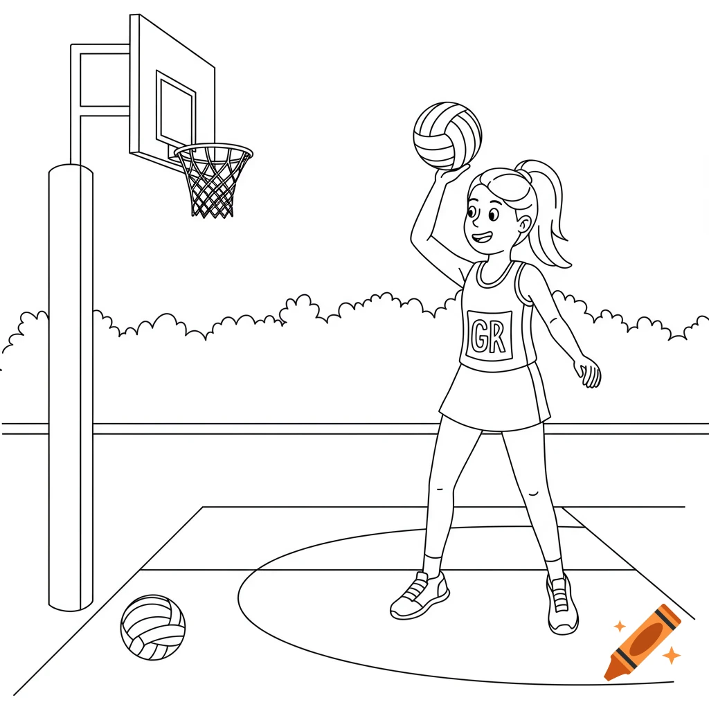 Black and white line art of a girl playing netball, holding the ball ...