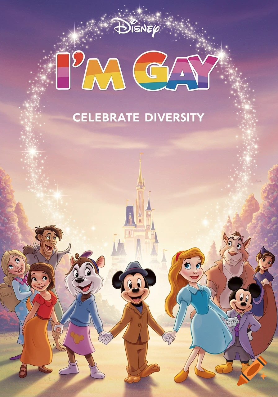 A Disney poster with Mickey Mouse and other characters holding hands in ...