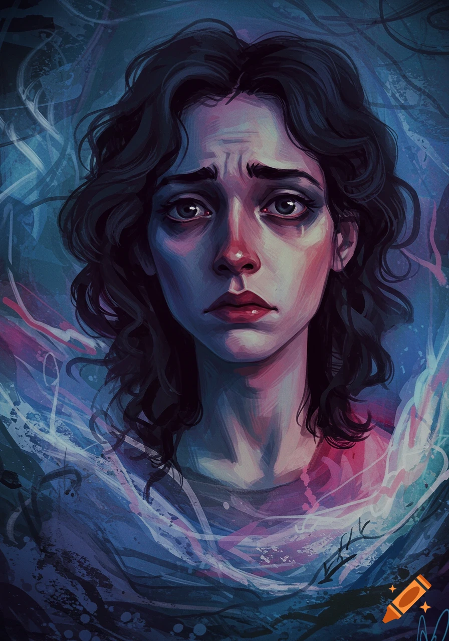 Stylized painting of a distressed woman with dark hair, tearful eyes ...