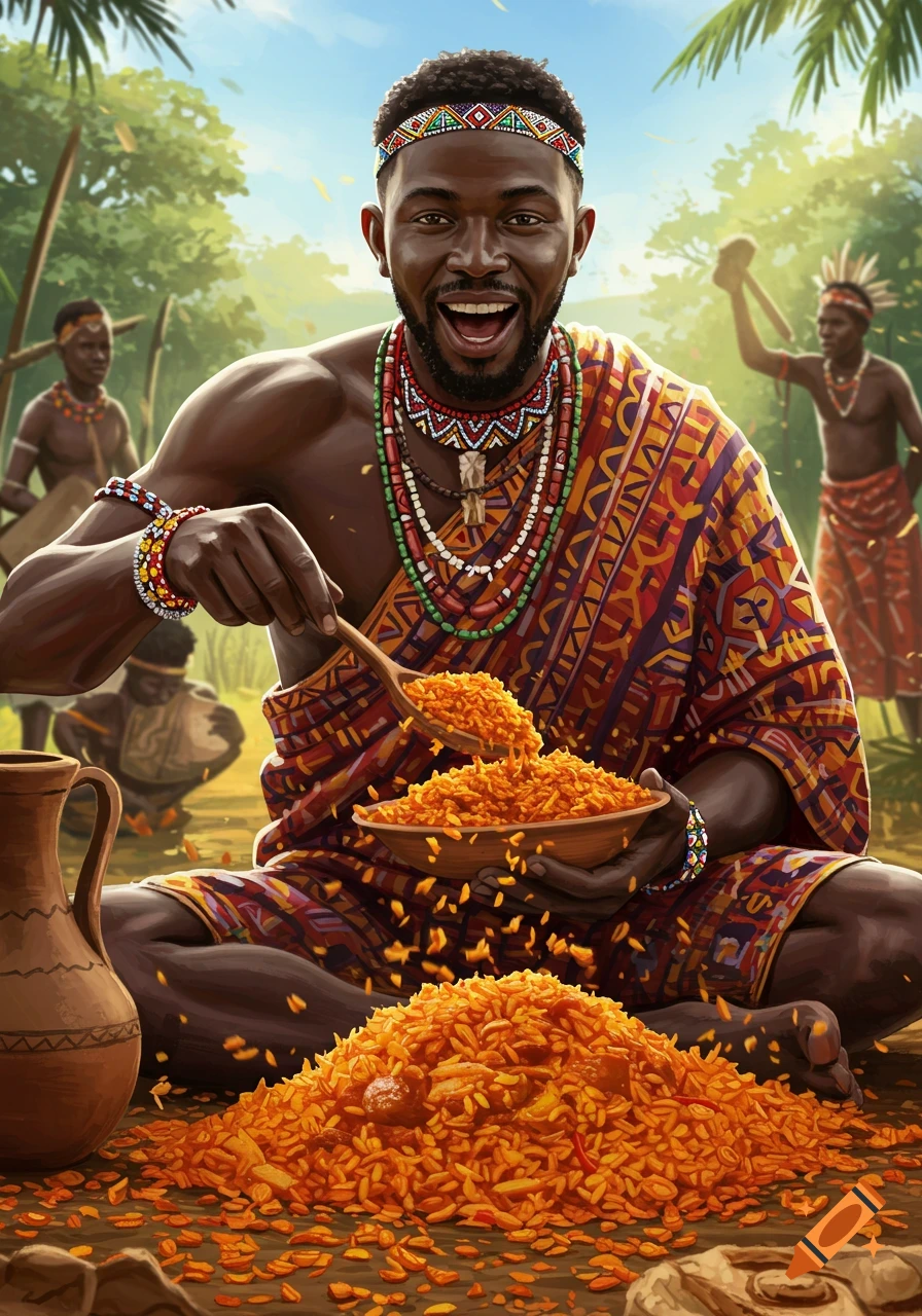 Smiling Black man in traditional attire eating a large serving of ...