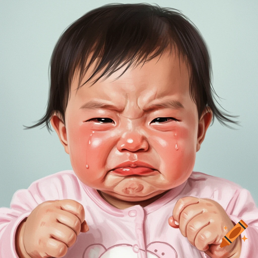 A close-up illustration of an Asian baby crying with tears rolling down ...