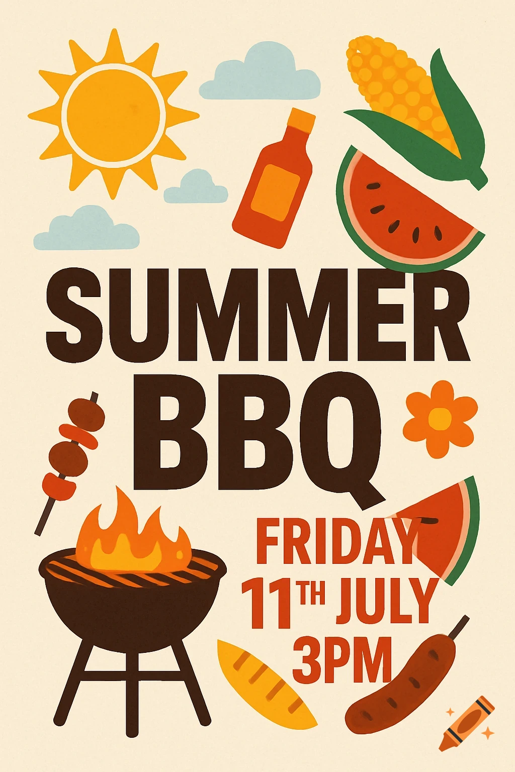 Retro-style poster for a summer BBQ with sun, grill, watermelon, corn ...