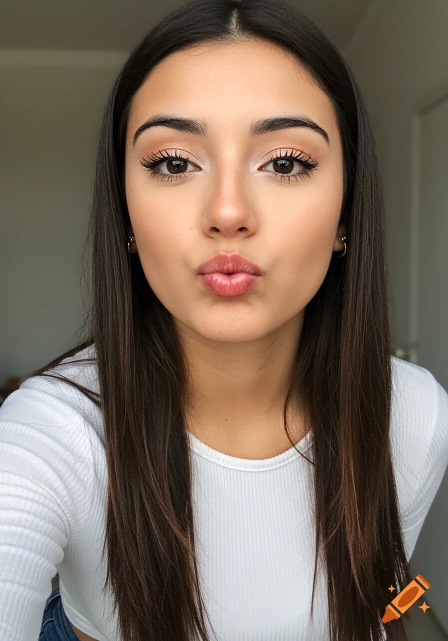 Close-up photorealistic portrait of a woman with dark hair in a white ...
