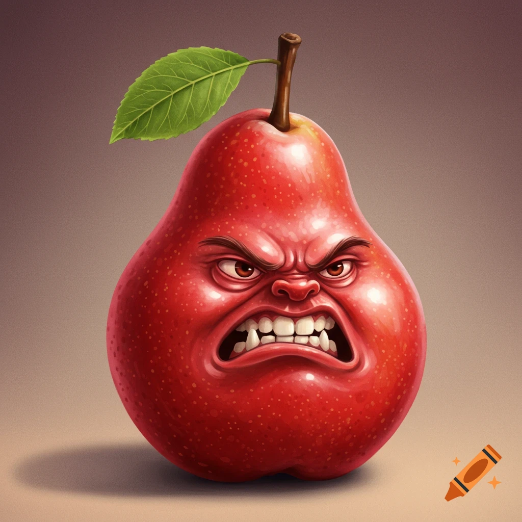 A red pear with an angry, snarling face and sharp teeth, rendered in a ...