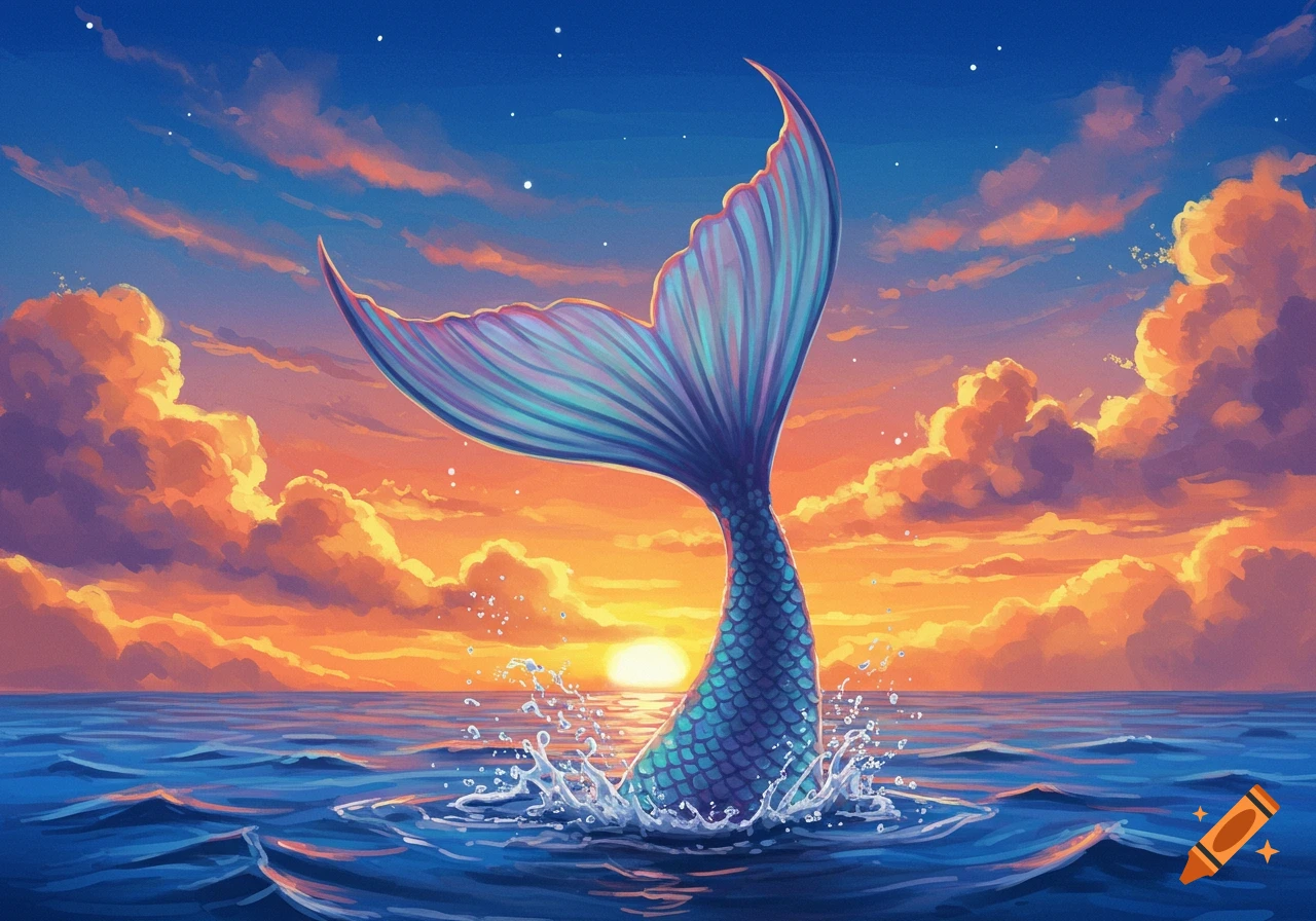 Vibrant illustration of a mermaid's tail splashing in the ocean at ...