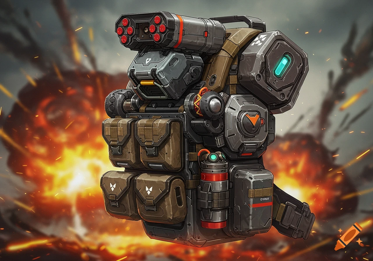 A detailed sci-fi military backpack with a multi-barreled rocket ...