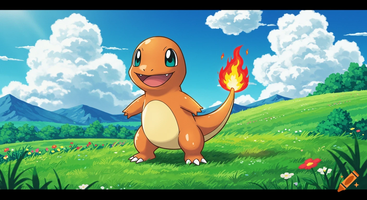 A happy, anime-style Charmander stands on a grassy hill with a glowing ...