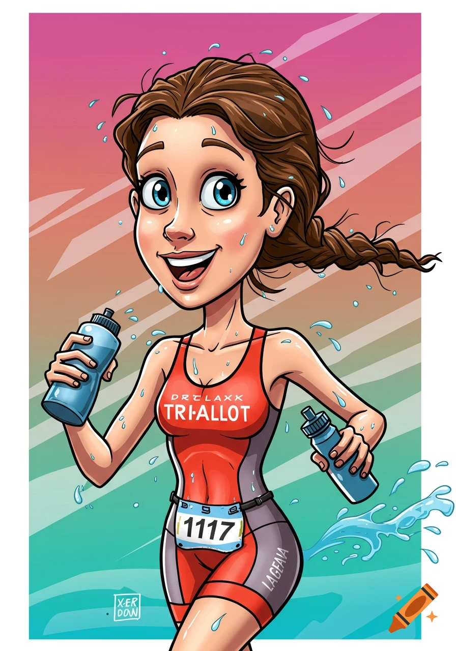 A cartoon illustration of a cheerful female triathlete running, holding ...