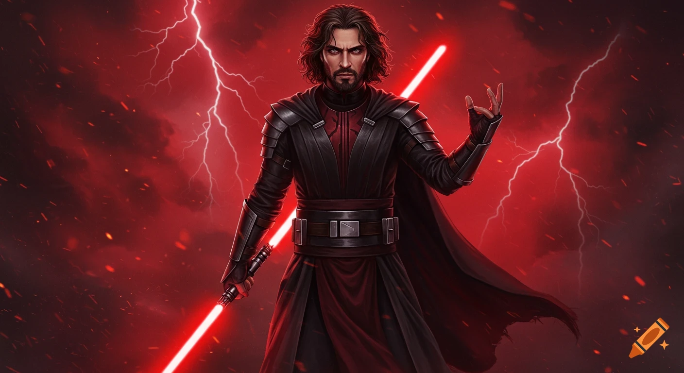 A dark-haired man with a beard in black and red Sith robes stands with ...