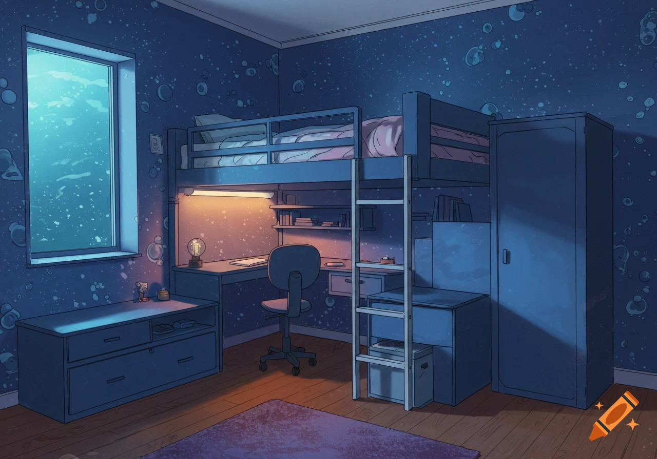 Cozy anime bedroom with a loft bed, desk, and an underwater view from ...
