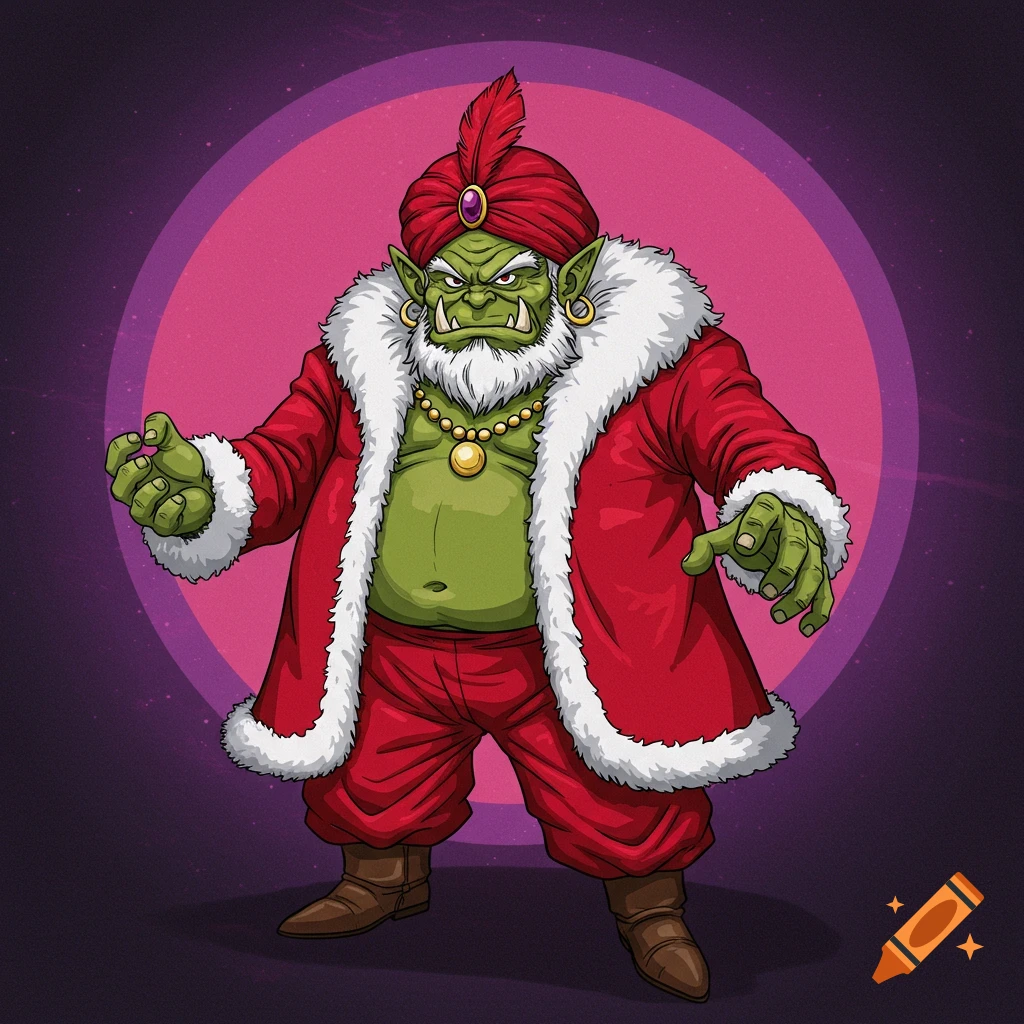 A green orc with a white beard, red turban, and a red Santa suit with ...