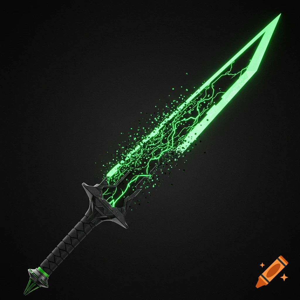 A futuristic short sword with a glowing green, electric blade ...