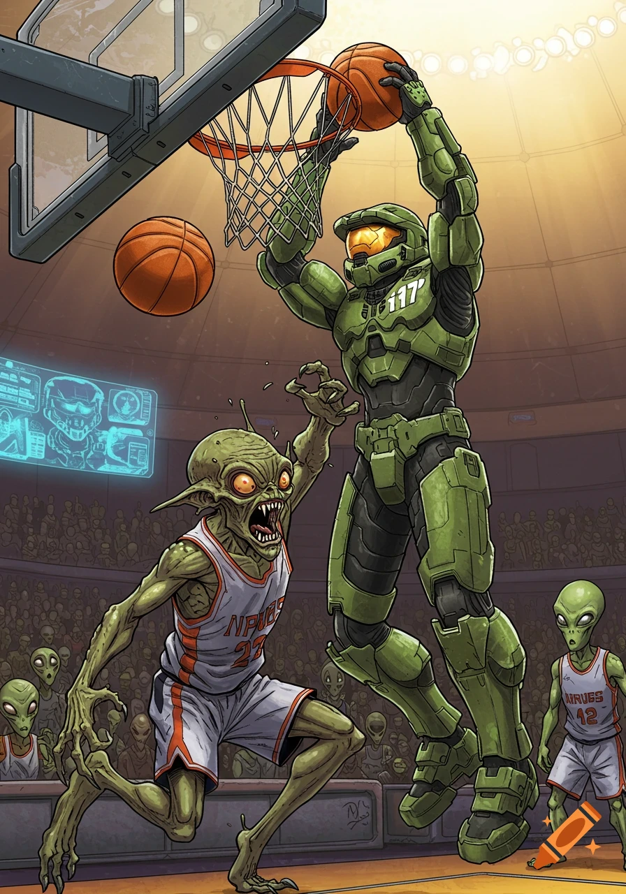 Master Chief in green armor dunks a basketball over a grotesque green ...