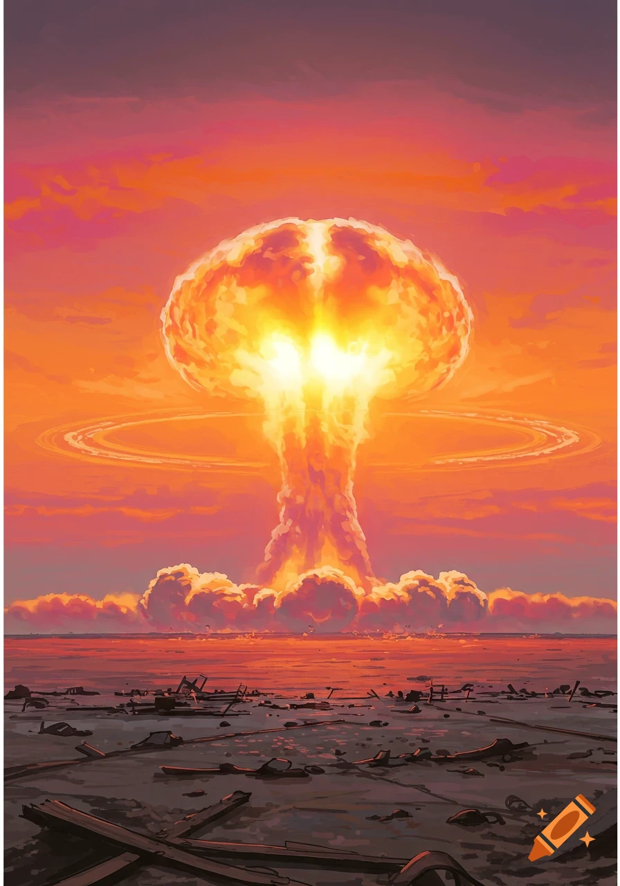 A vibrant orange and red mushroom cloud from a nuclear explosion rises ...