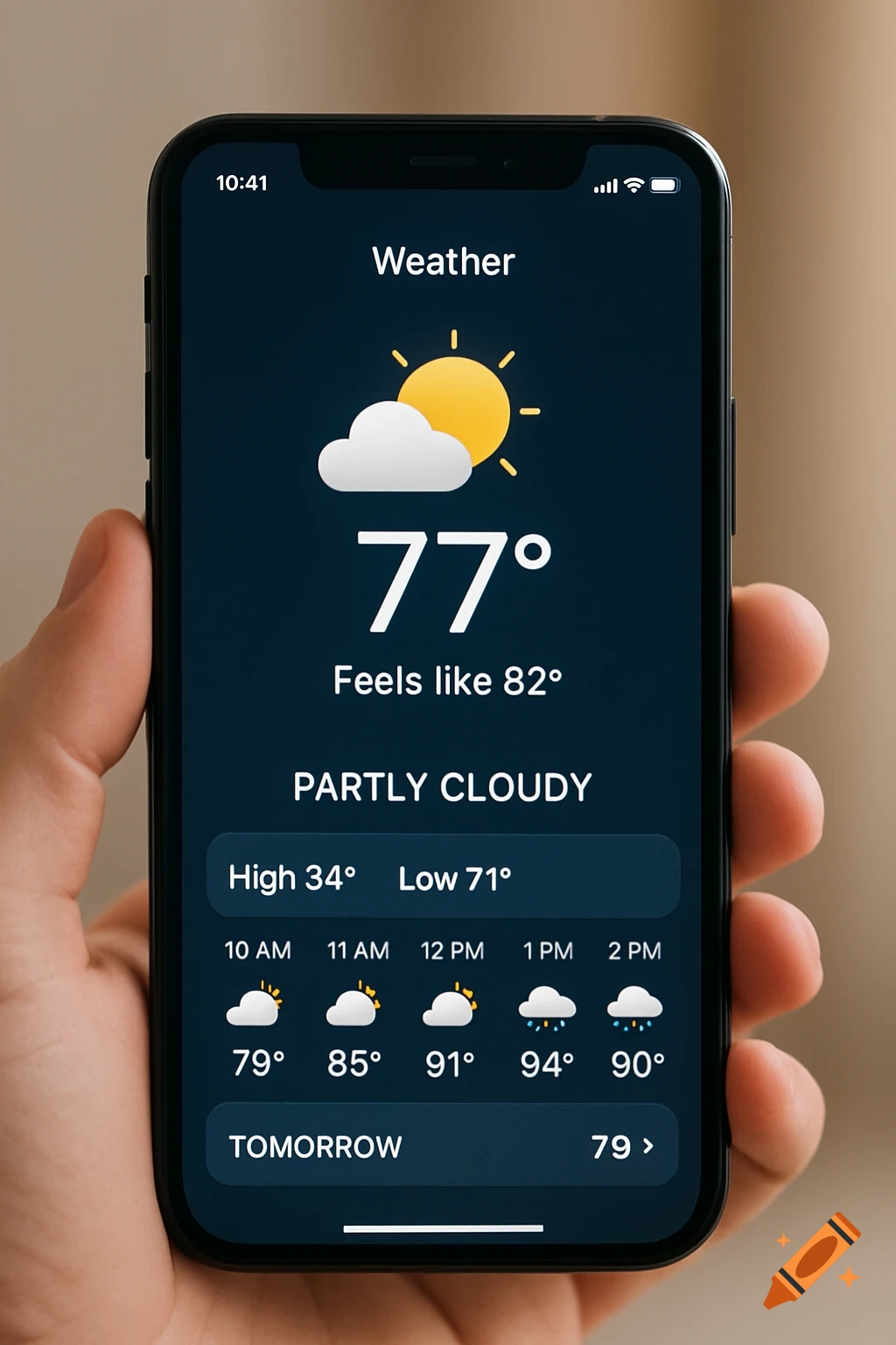A close-up shot of a hand holding a smartphone displaying a weather app ...