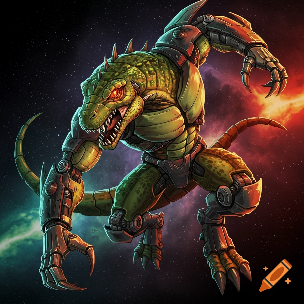 A green, robotic lizard-like creature with red eyes and mechanical ...
