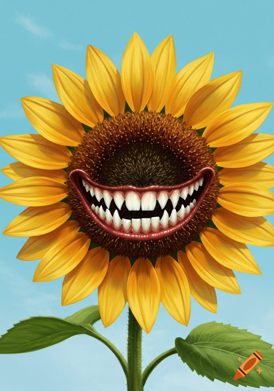 A surreal sunflower with a wide, toothy grin against a blue sky. on Craiyon
