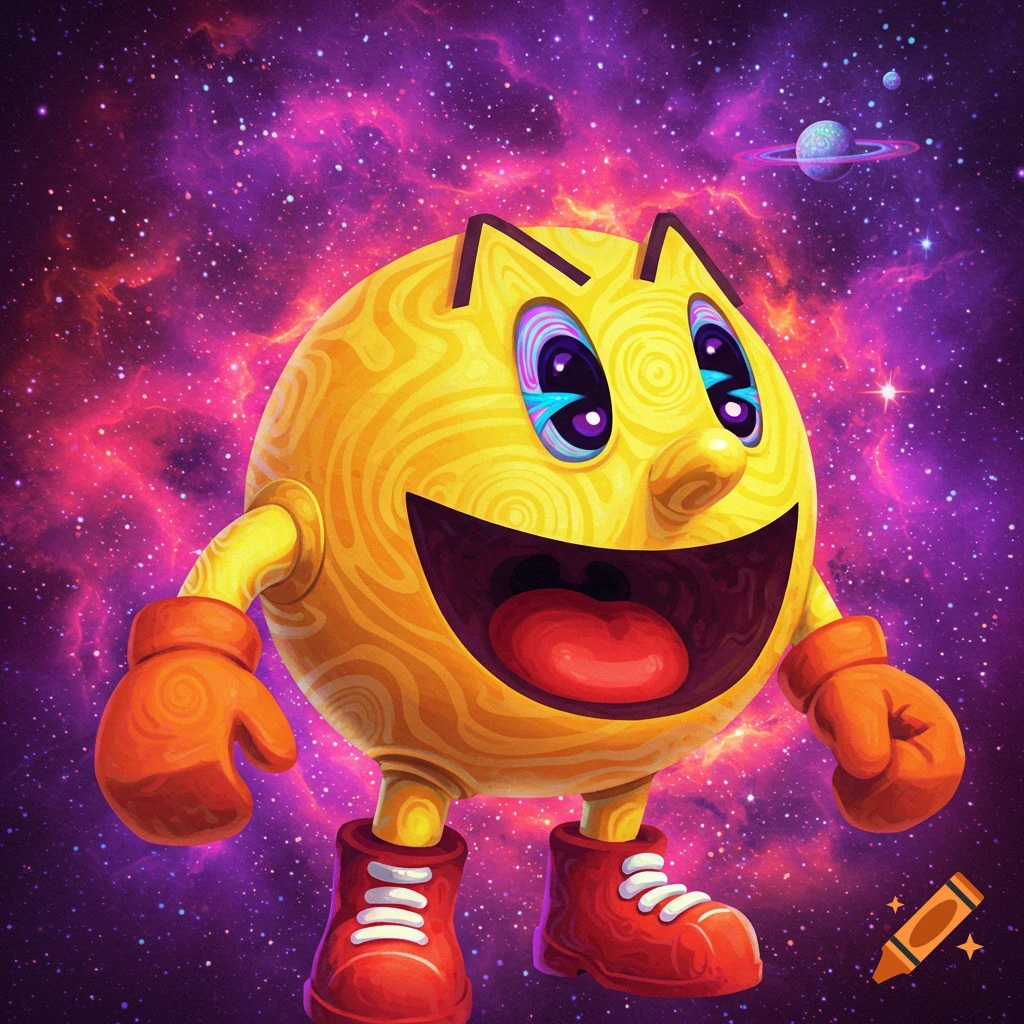 A vibrant, psychedelic illustration of Pac-Man with a wavy yellow ...